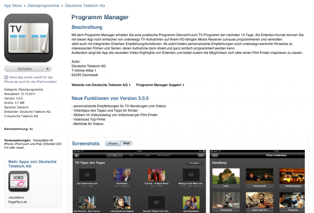 Programm Manager 3.0 für iPad im AppStore » FTTH-News.de